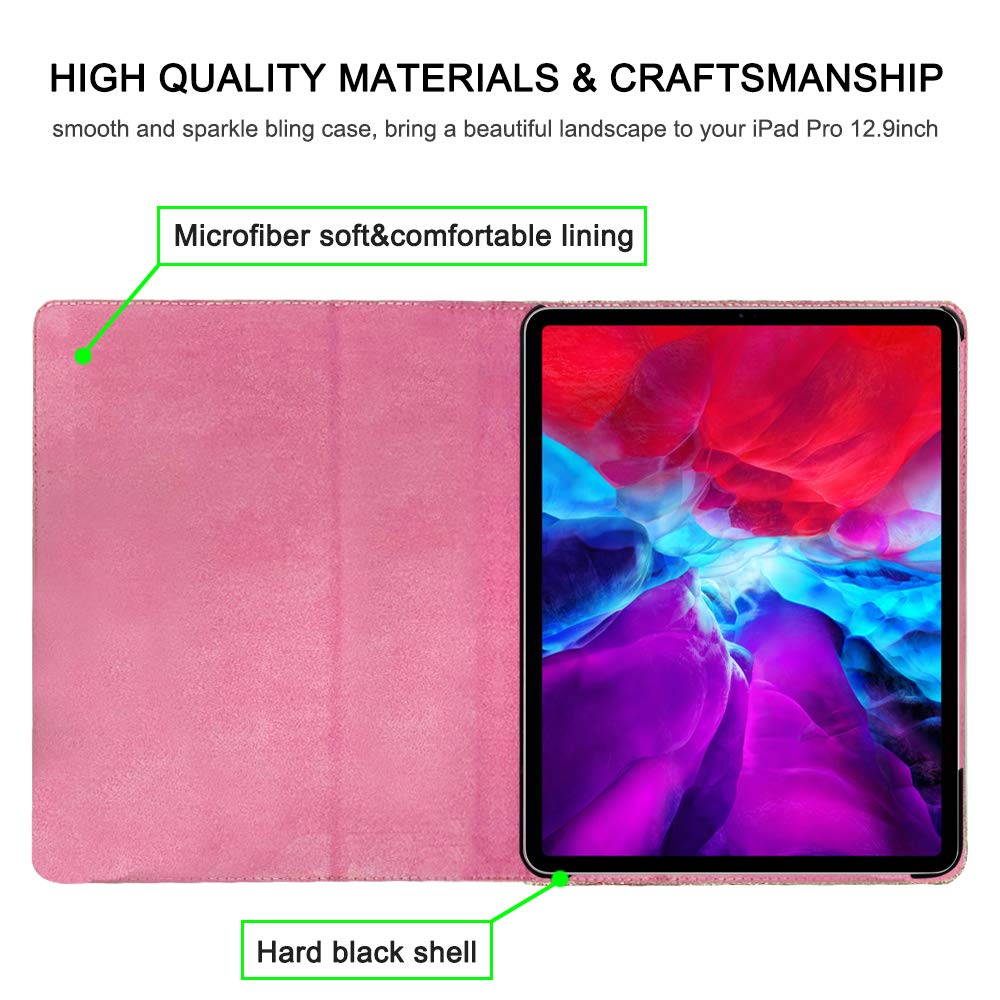 CASZONE Case for iPad Air 13 inch 2024 iPad Pro 12.9 6th/5th/4th/3rd Gen.iPad Pro12.9/Air13 Glitter Case Support Pencil Charging with Folio Kickstand Slim Smart Cover Auto Sleep/Wake,Hand Strap Pink