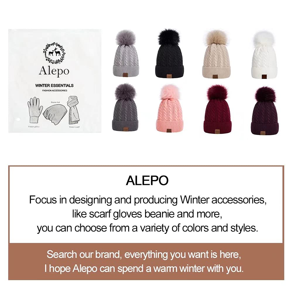 Alepo Womens Winter Beanie Hat, Warm Fleece Lined Knitted Soft Ski Cuff Cap with Pom Pom(Dark Gray+Oatmeal)