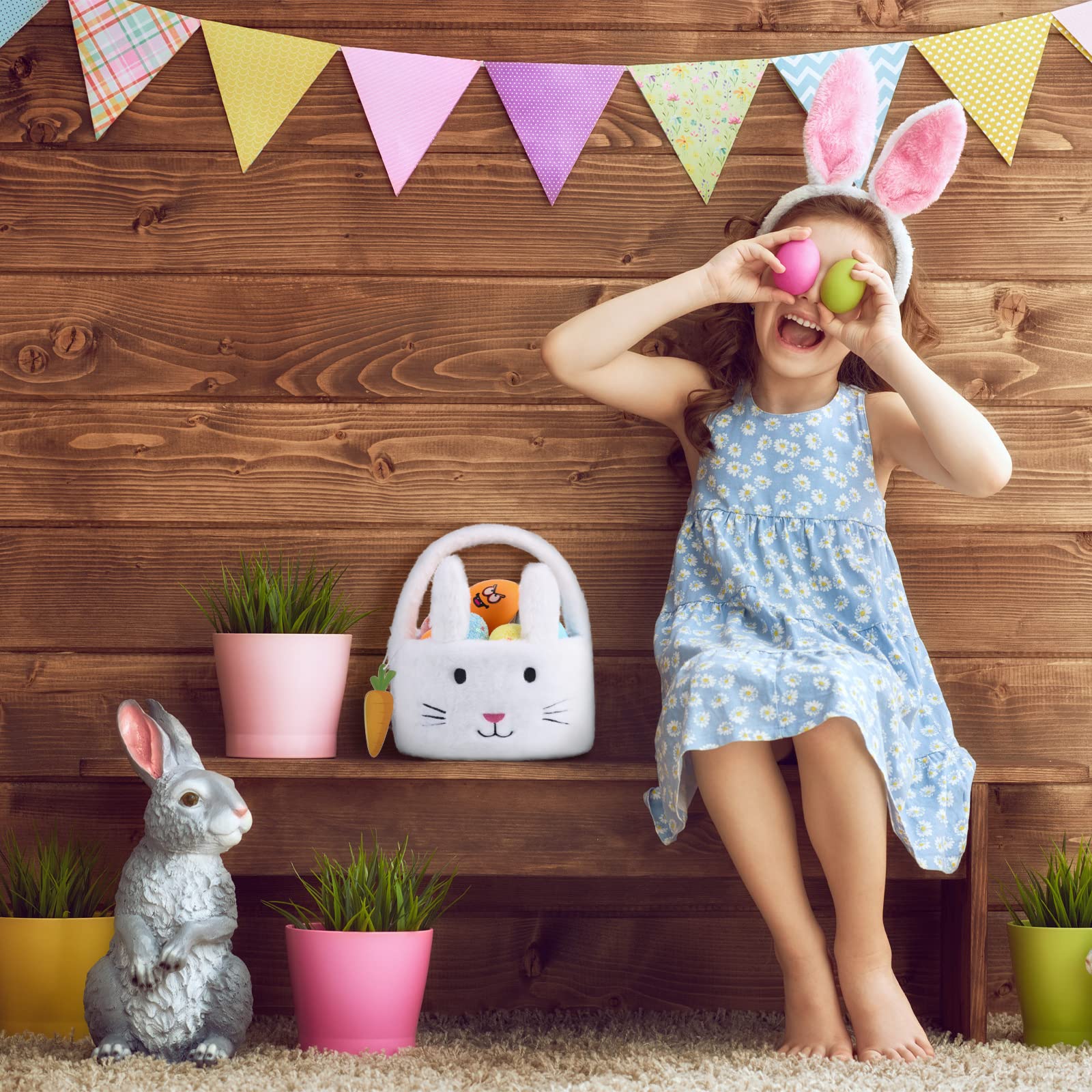 4 Pcs Easter Bunny Basket for Kids Cute Plush Rabbit Basket with Handle Foldable Ears White Basket with Carrot Name Card for Baby Girl Boy Easter Egg Hunt, 9.84 x 7.87 Inch
