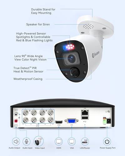 Swann Home DVR Security Cam System with 2TB HDD, 8 Channel 8 Cam, 4K UHD Video, Indoor Outdoor Wired Surveillance CCTV, Color Night Vision, Heat Motion Detection, LED Lights, Sirens, 856808