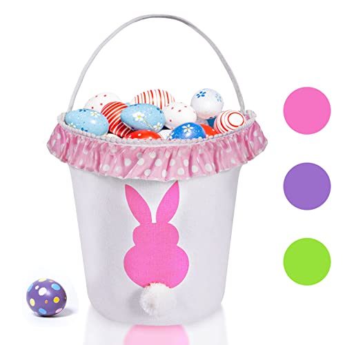 Easter Baskets Bags Empty Bulk For Kids Girls Toddler Bunny Eggs Hunt Bags with Fluffy Tail Pink Canvas Rabbit Toys Personalized Handbag Toys Bucket Tote Bag Candies Storage Gifts with Handles (Pink)