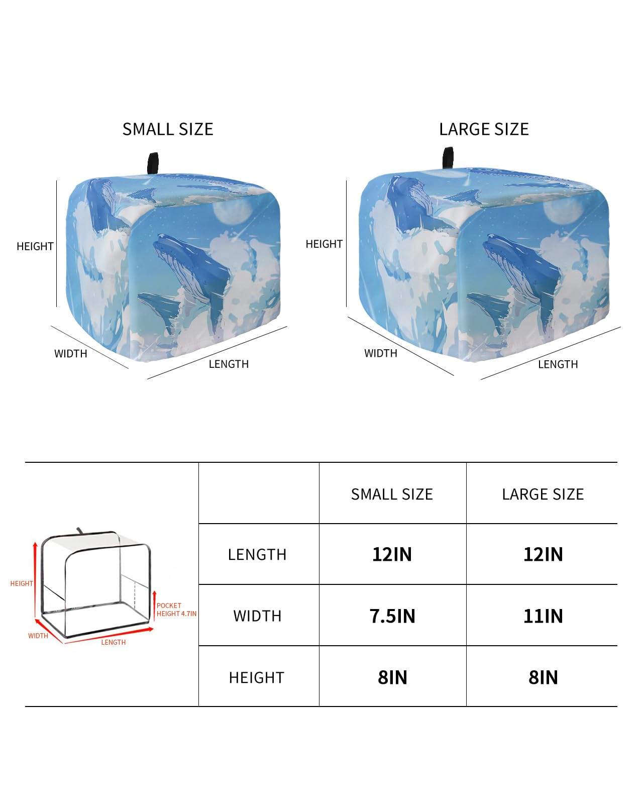 2 Slice Toaster Cover, Bread Machine Cover Summer Blue Sky and Sea Whales with Ocean Waves Kitchen Appliance Dust Cover with Top Handle Fingerprint Protection Lightweight Kitchen Toaster Cover