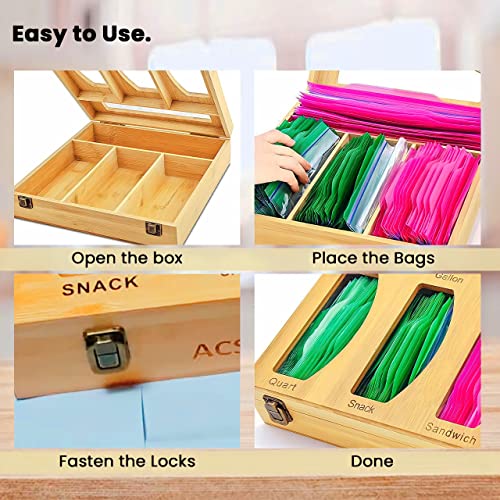 ACSELLO Wooden Ziplock Bag Storage Organizer for Drawer - Bamboo Bag Storage Organizer β Gallon, Plastic, Snack, Sandwich Bag Organizer For Kitchen - Storage Bag Holder