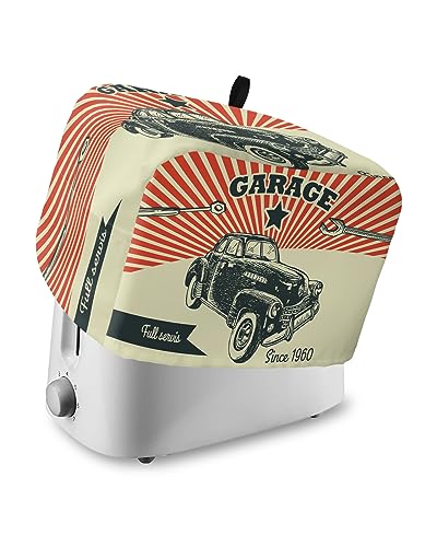 2 Slice Toaster Cover 1960s Retro Car Garage Pop Art Toaster Dust Cover with Pockets Washable Toaster Cover for Kitchen Small Appliance Bread Machine Covers Home Decor