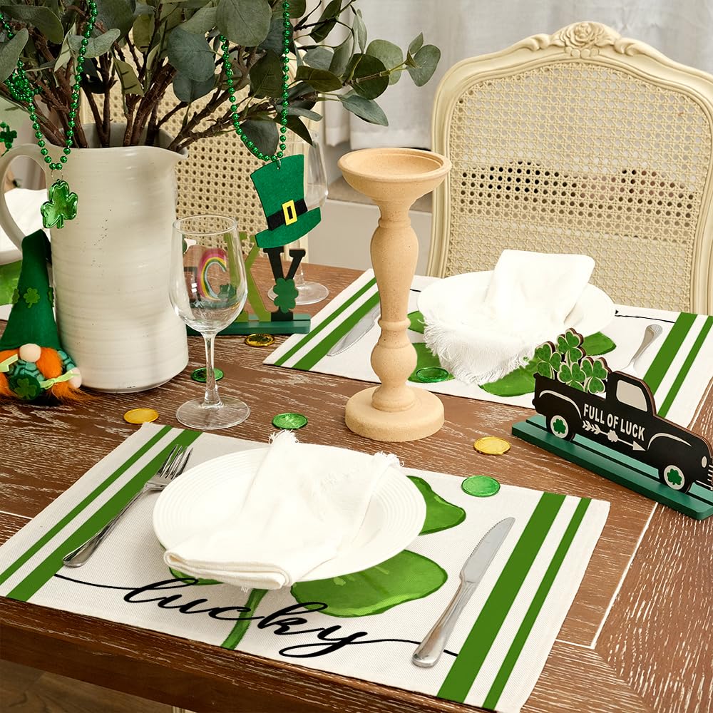 ARKENY St Patricks Day Placemats 12x18 Inches Set of 4, Green Shamrock Spring Seasonal Farmhouse Burlap Indoor Kitchen Dining Table Mats Decorations for Home Party AP032-18