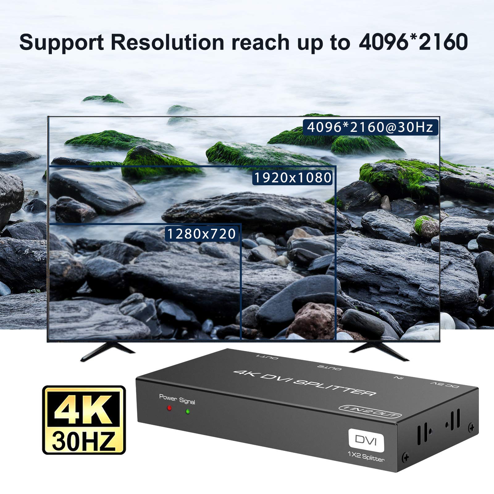 DVI Splitter 1 in 2 Out 2 Port DVI Dual Monitors Distribution Duplicator Video Splitter Support EDID Management Resolution up to 4K30Hz for PC Laptop DVR Projector HDTV