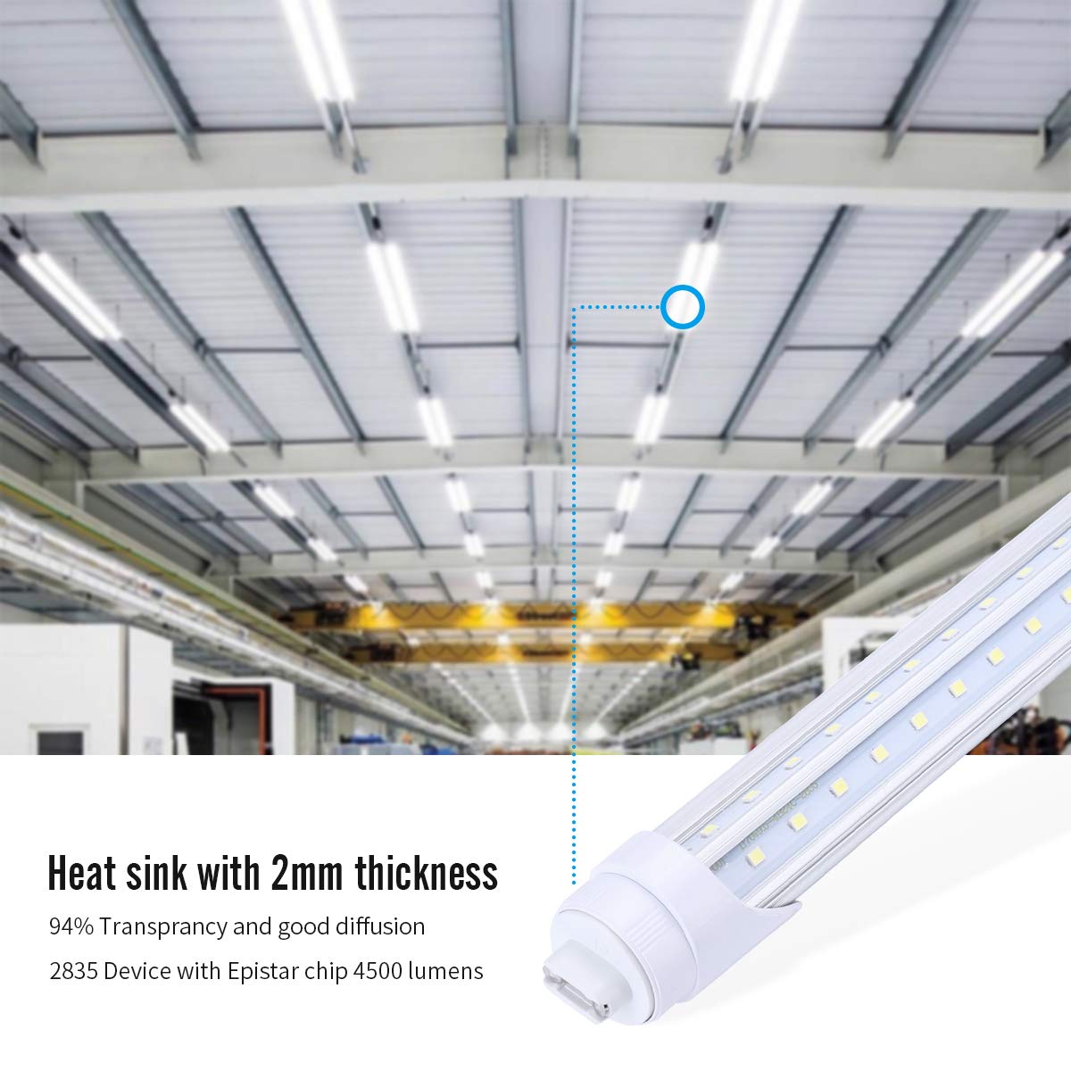 4Pack R17d V shaped Rotatable 2pin base 8 foot led bulbs Double Row 65W,Need Bypass Ballast,Replace 150W Fluorescent Shop Lights Dual-Ended Power, Cold White 6000K,clear Cover, AC 90-277V