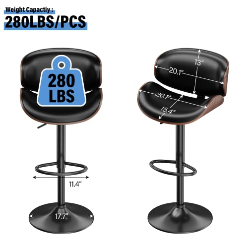 Aowos Adjustable Swivel Bar Stools Set of 2, Mid-Century Modern PU Leather Upholstered Counter Height Bar Stool, Kitchen Island Barstoosl with Back, Black