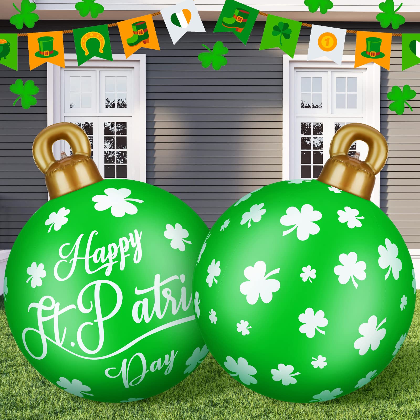 2 Pcs 32 Inch Giant PVC Inflatable Balls Saint Patrick's Day Decorated Ornament Balls Inflatable Outdoor Large Saint Patrick's Day Blow up Ball Decorations for Outside Holiday Yard Lawn Tree Decor