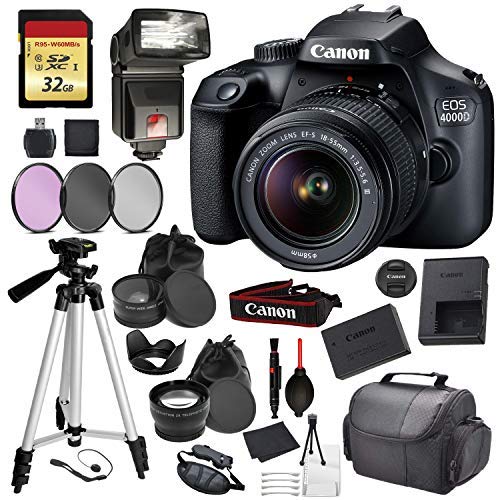 Canon EOS Rebel 4000D Digital SLR Camera with EF-S 18-55mm f/3.5-5.6 DC III Lens Kit Pro Accessory Bundle Package : 32gb Card + DSLR Bag + 57'' Tripod + More - (International Model) (No Warranty)