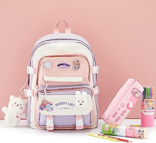 Aesthetic Cute Kawaii Backpack with Kawaii Pin and Pendants Accessories, Mochilas Para Ninas Bookbag Waterproof Nylon Material | Durable & Adorable 17"