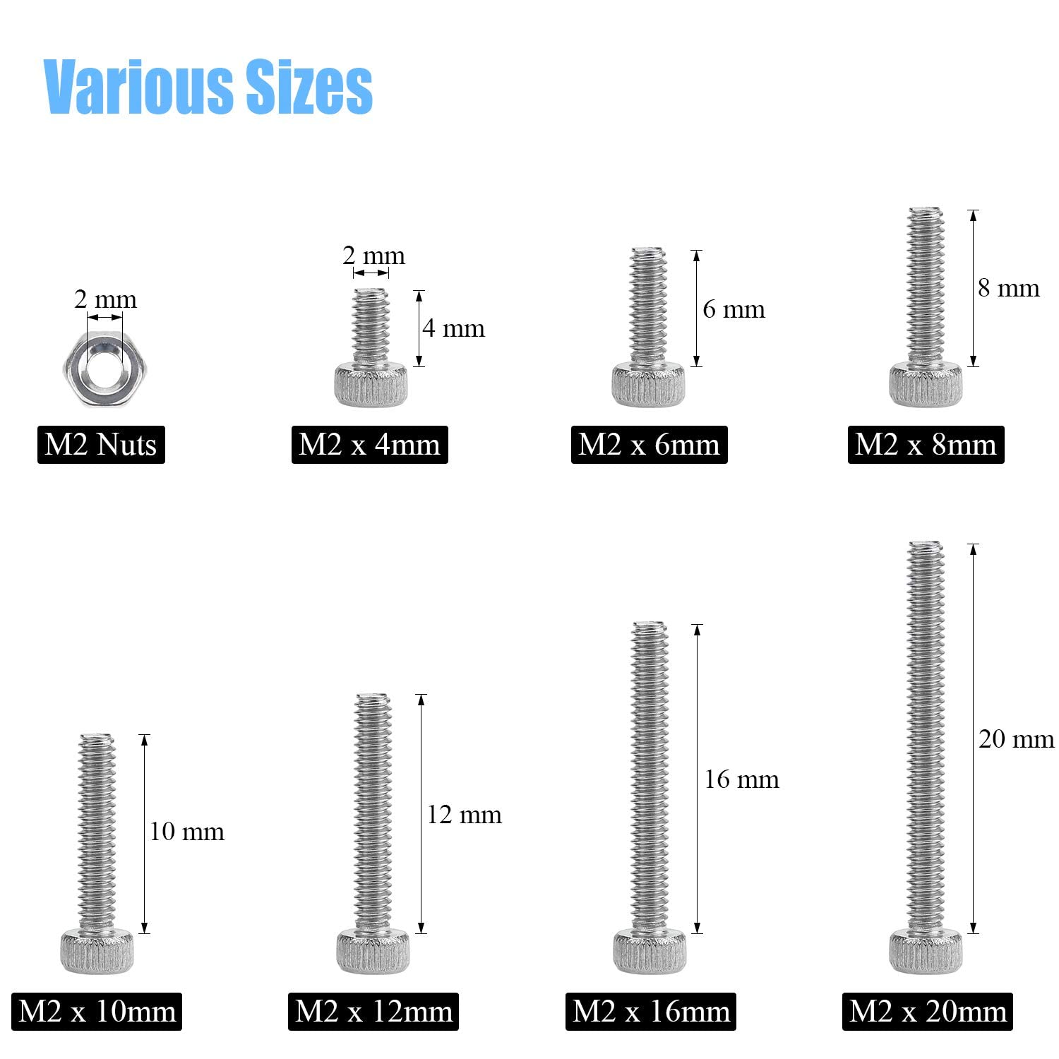 DYWISHKEY 310 Pieces M2 x 4mm/6mm/8mm/10mm/12mm/16mm/20mm, Stainless Steel 304 Hex Socket Head Cap Bolts Screws Nuts Kit with Hex Wrench