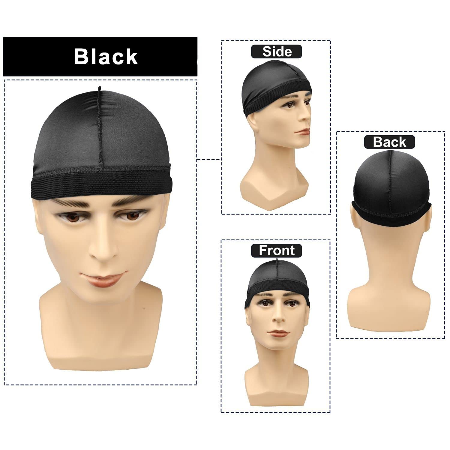 3PCS Wave Cap, Wave Caps for Men, Silk Durag Compression Cap for 360, 540, 720 Waves (Black, Black, Black)