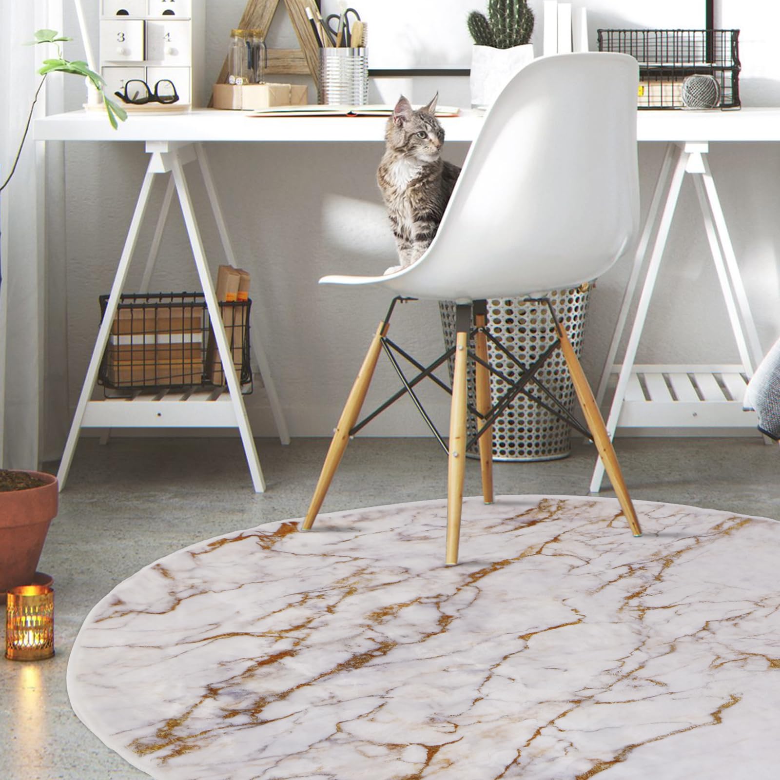 4Ft Soft Circle Rug - White and Gold Marble Pattern Round Area Rug, Washable Round Entryway Carpet with Non-Slip Rubber Backing - Ideal for Bedroom and Kids Room