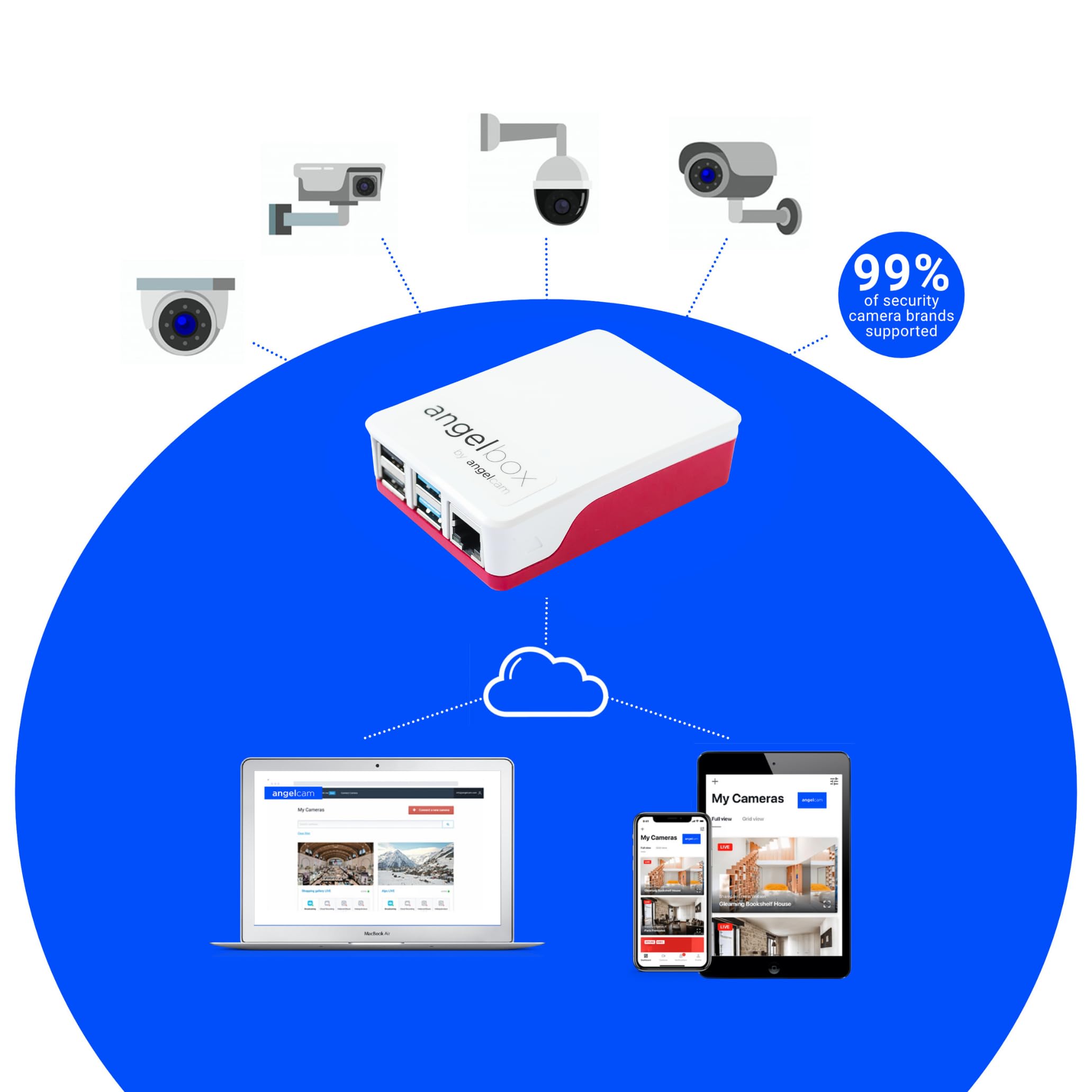 AngelBox detects and Connects All Your Security Cameras (99% Compatible), Making Setup Quick, Secure, and Reliable. It Supports up to 10 IP Cameras and Serves as a DVR/NVR Backup Alternative.