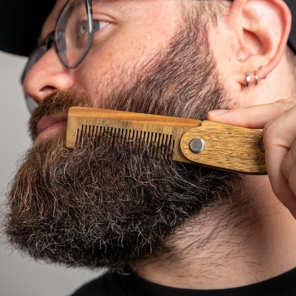 ZEUS Folding Mustache & Beard Sandalwood Comb, Handmade Saw-Cut Wooden Moustache & Beard Pocket Comb for Men (F31)
