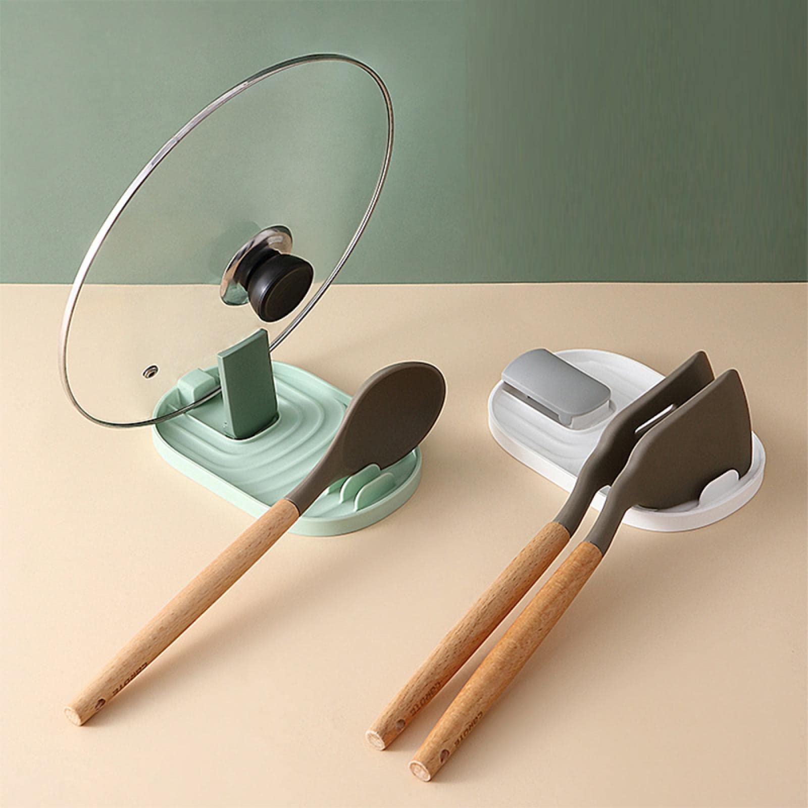 2 Pcs Multifunction Spoon Rest, Pot Lid Holder, Foldable Organizer Household Utensil Anti-Slip Pan Cover Holder, Storage Rack Pot Lid Stand Spoon Shelf 2White