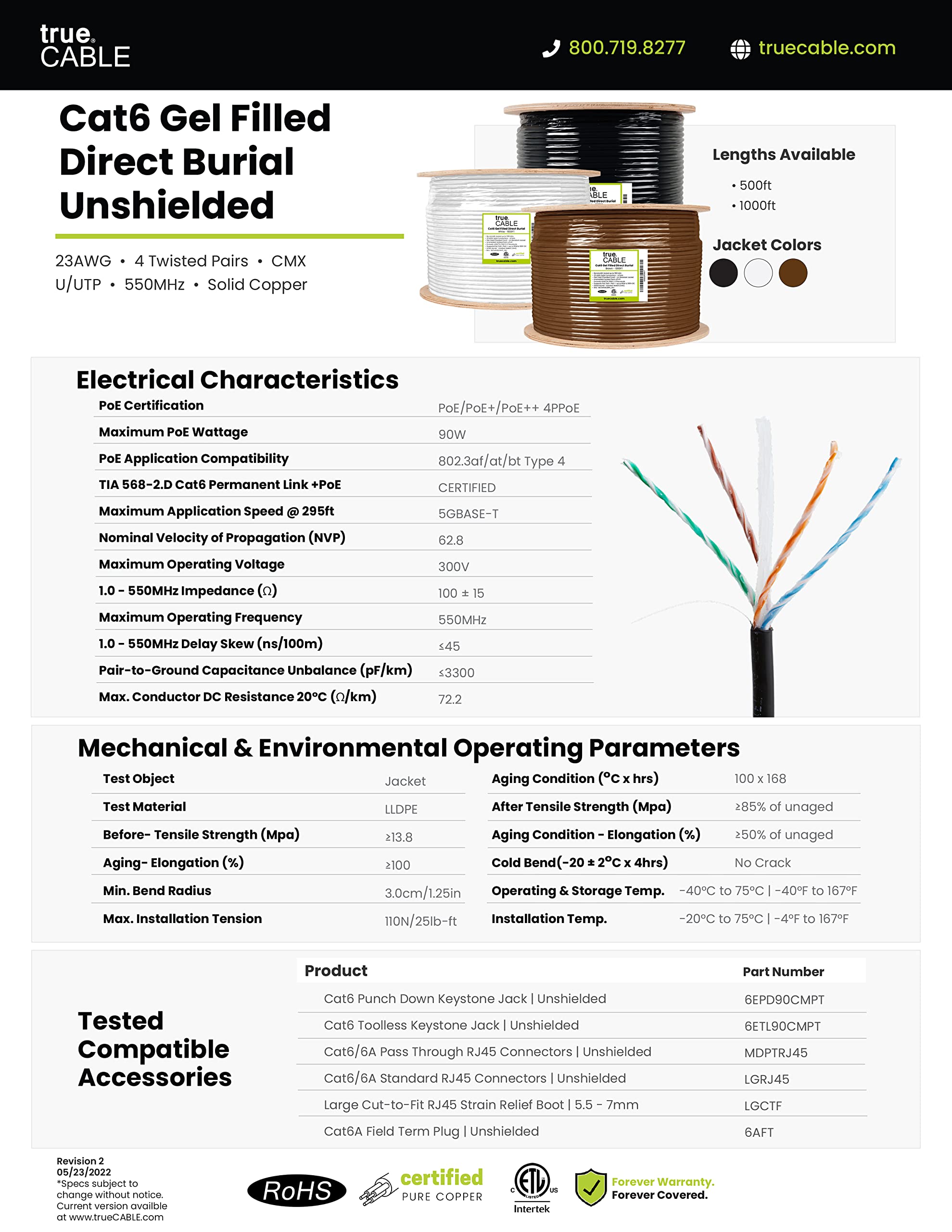 trueCABLE Cat6 Direct Burial, Gel Filled, 1000ft, Black, Waterproof, CMX, 23AWG Solid Bare Copper, 550MHz, PoE++ (4PPoE), ETL Listed, Unshielded UTP, Bulk Ethernet Cable