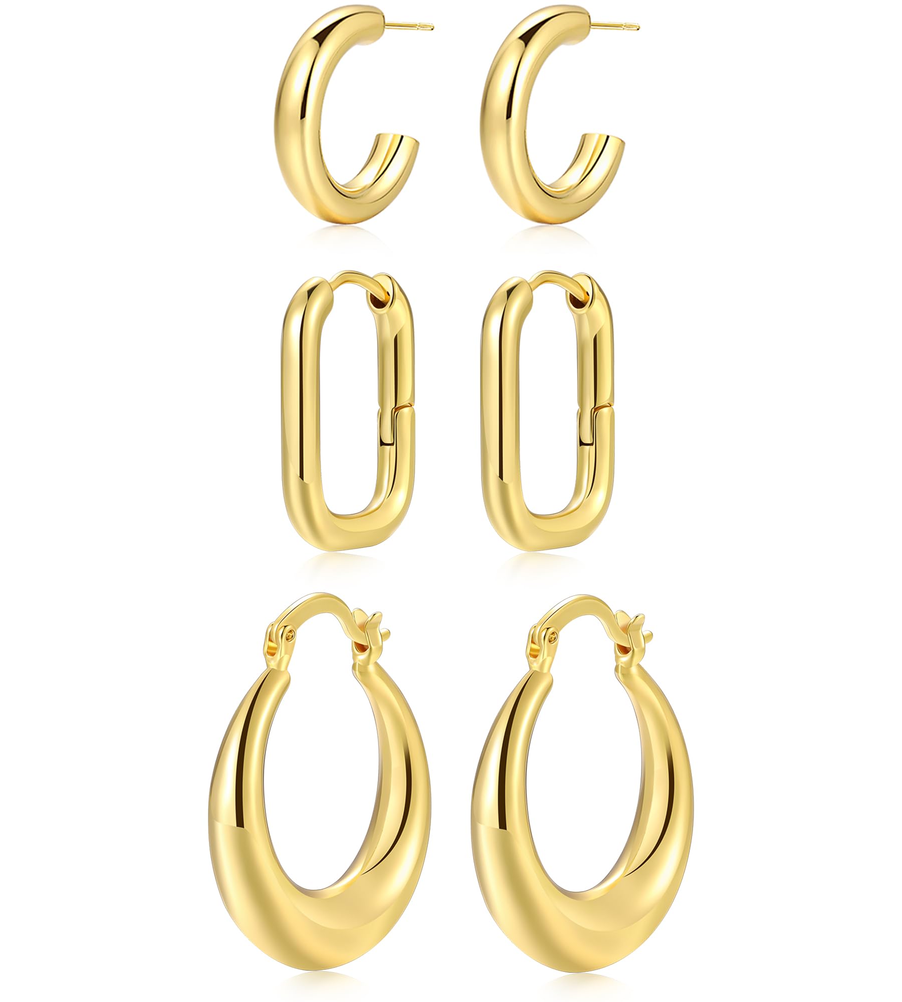 3 Pairs Gold Square Hoop Earrings for Women, 14K Real Gold Plated Lightweight Rectangular Earrings for Gifts (Square)
