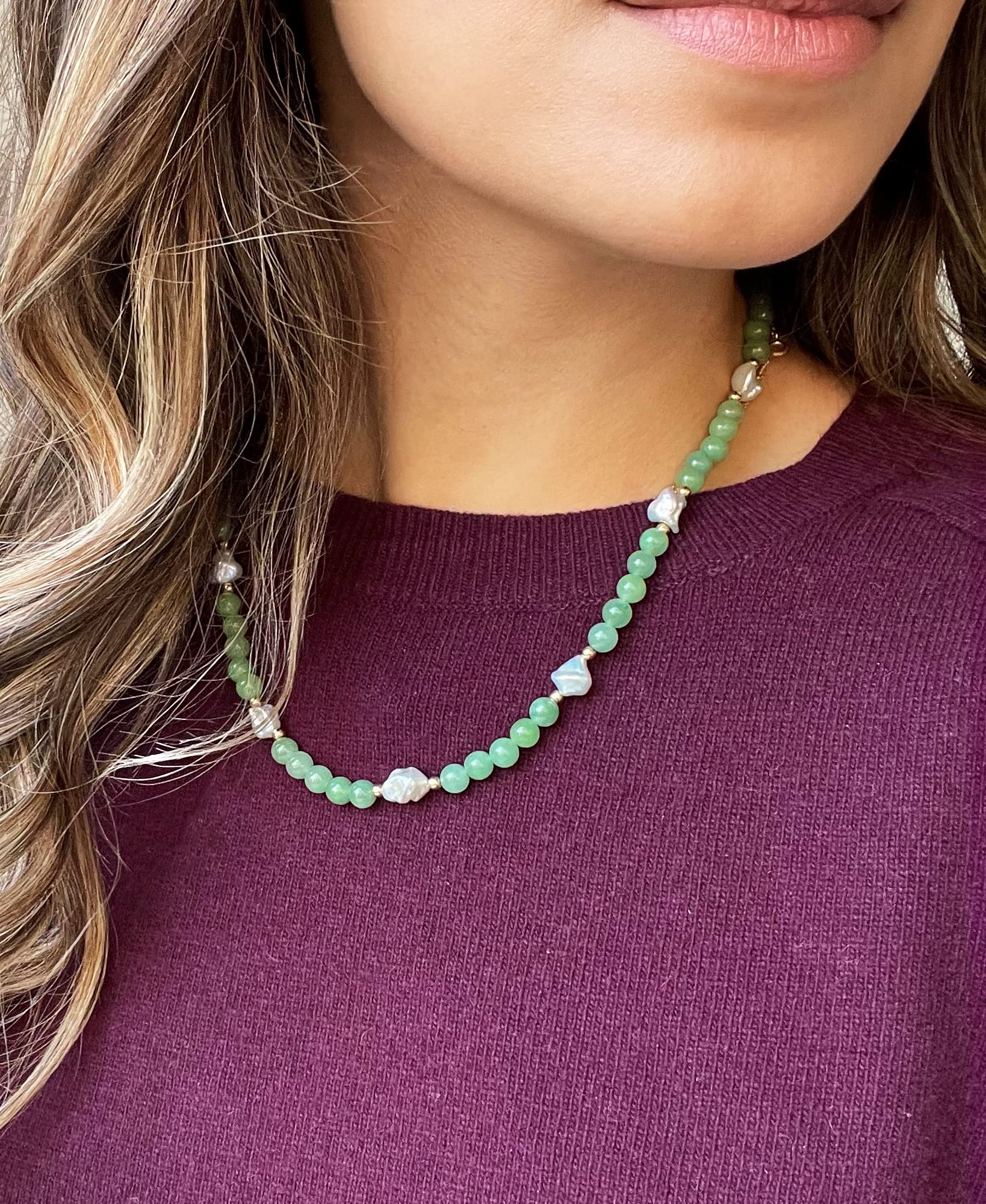 14k Yellow Gold Natural Green Jade and Keshi Freshwater Pearl Necklace for Women (18")