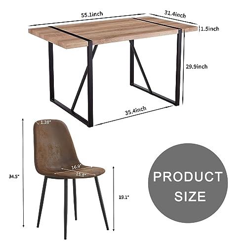 55 in Modern Dining Table Set for 4, 5-Piece Kitchen Dining Table Set, Modern Rectangle Wood Dining Table and Fabric Chairs Set for 4 Suitable for Dining Room, Living Room (Brown, table+4 chairs)