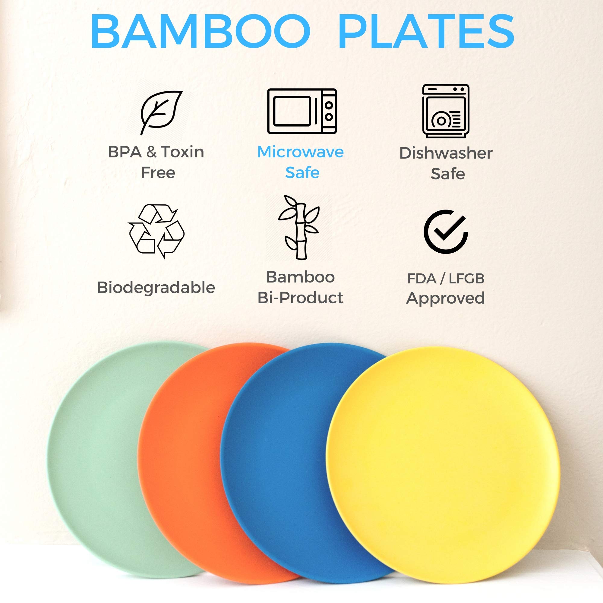 ECO MATTERS【Microwave Safe】Bamboo Toddler Plates - 4 pc Set - Best Eco-Friendly Dinnerware Plate Pack for Children, Dishwasher and Microwave Safe - Natural, BPA Free, Non-Toxic