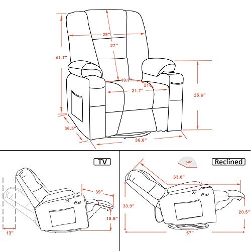 MCombo Manual Swivel Glider Rocker Recliner Chair with Massage and Heat for Nursery, USB Ports, 2 Side Pockets and Cup Holders, Durable Faux Leather 8036 (Cream White)
