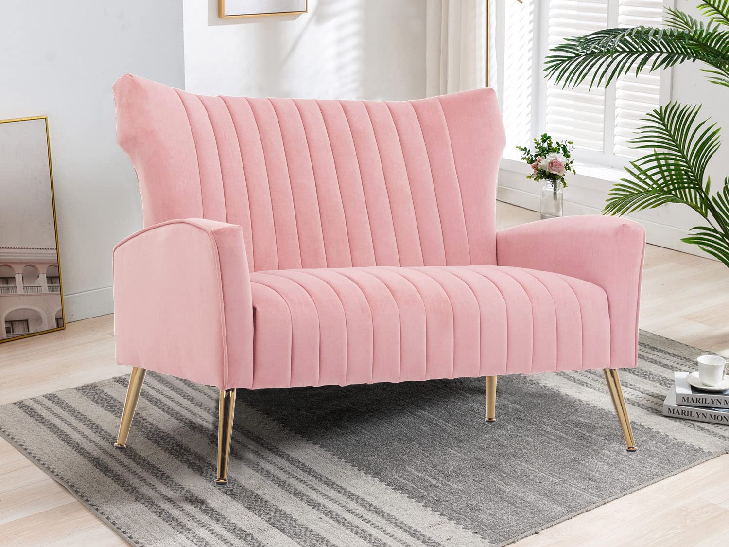 Altrobene Velvet Couch Modern Wingback Loveseat Tufted Luxury Sofa with Gold Legs for Living Room/Bedroom, Light Pink