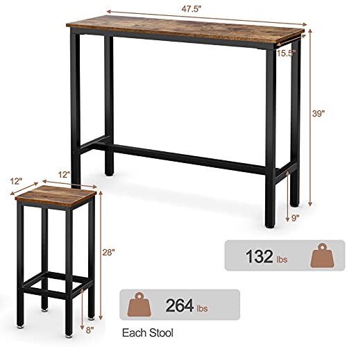 COSTWAY 3-Piece Bar Table Set, 39.5β Bar Table with 2PC 28β Bar Stools, Pub Height Dinning Table Set with Counter Height Backless Stools, Breakfast Table Set for Apartment/Bistro/Pub (Rustic Brown)