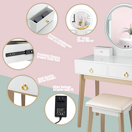 CHARMAID Vanity Set with Touch Screen Dimming Mirror, 3 Color Lighting Modes, Dressing Table with 4 Sliding Drawers, Modern Bedroom Makeup Table and Cushioned Stool Set for Women Girls (White)