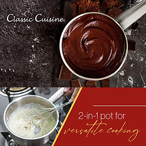6 Cup Double Boiler Pot Set β 1.5 Quart Stainless-Steel Saucepan 2-in-1 with Vented Glass Lid β Kitchen Cookware with Measurements by Classic Cuisine