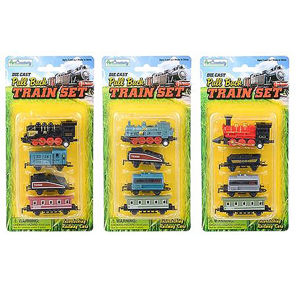 ArtCreativity Mini Locomotive Train Playset for Kids, Set of 3, Each Set with 1 Locomotive and 3 Carts, Diecast Train Toy for Boys and Girls with Pullback Motion, Great Birthday Gift