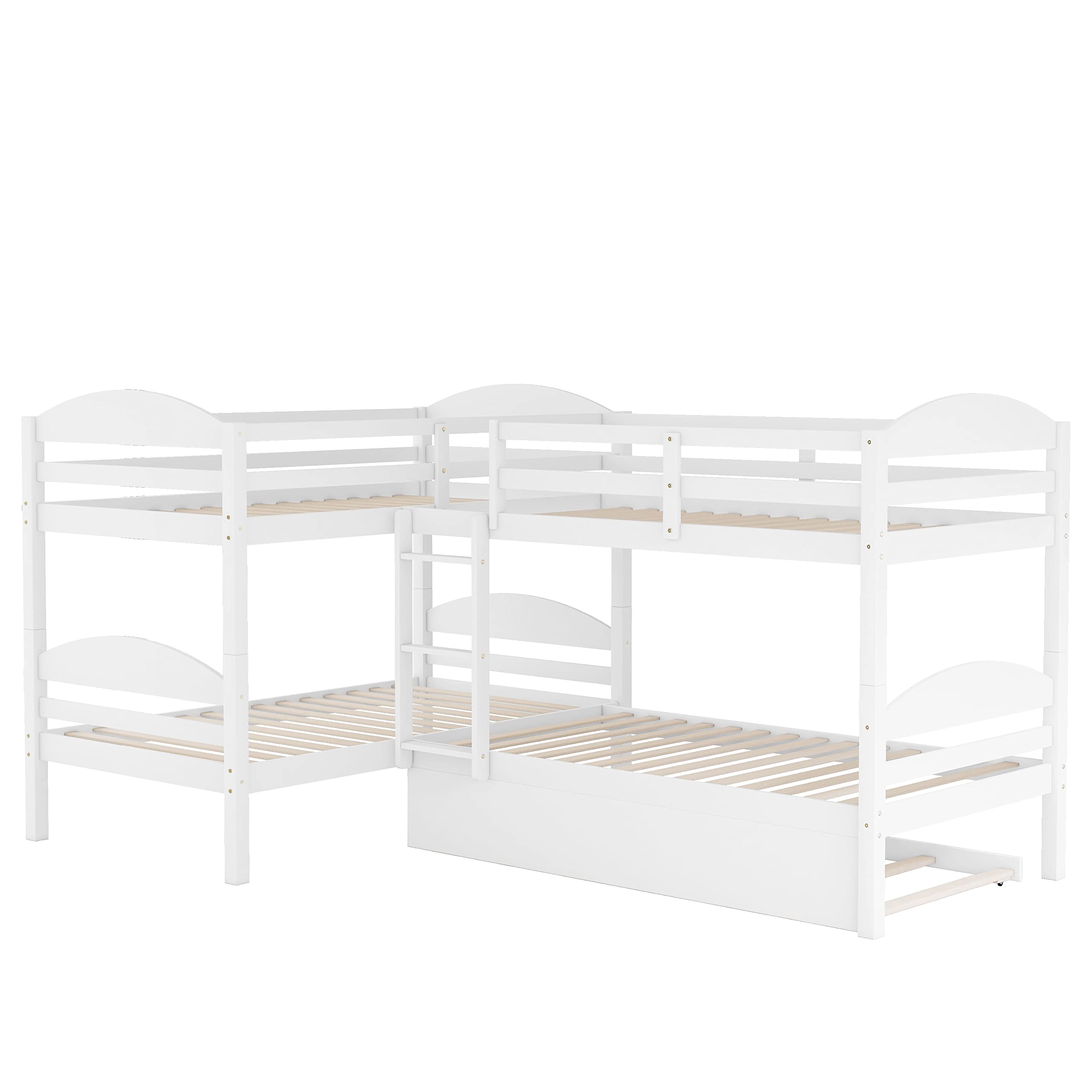 Bellemave Quad Bunk Bed with Trundle L-Shape Bunk Bed Twin Over Twin Corner Bunk Bed for 4 or 5 Kids Boys Girls Teens, White