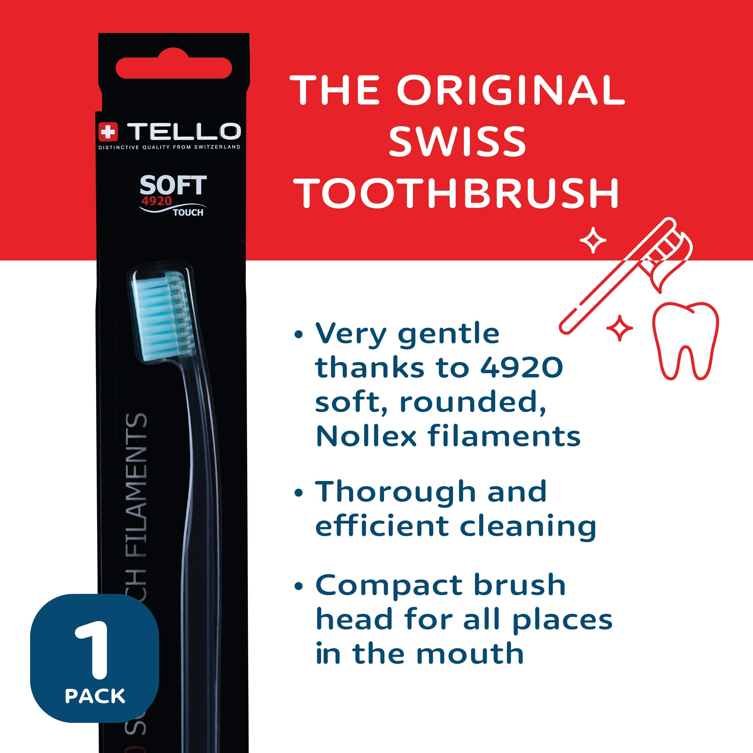 TELLO 4920 Adult Soft Swiss Toothbrush for Gentle Cleaning with Ergonomic Handle, 1 Count