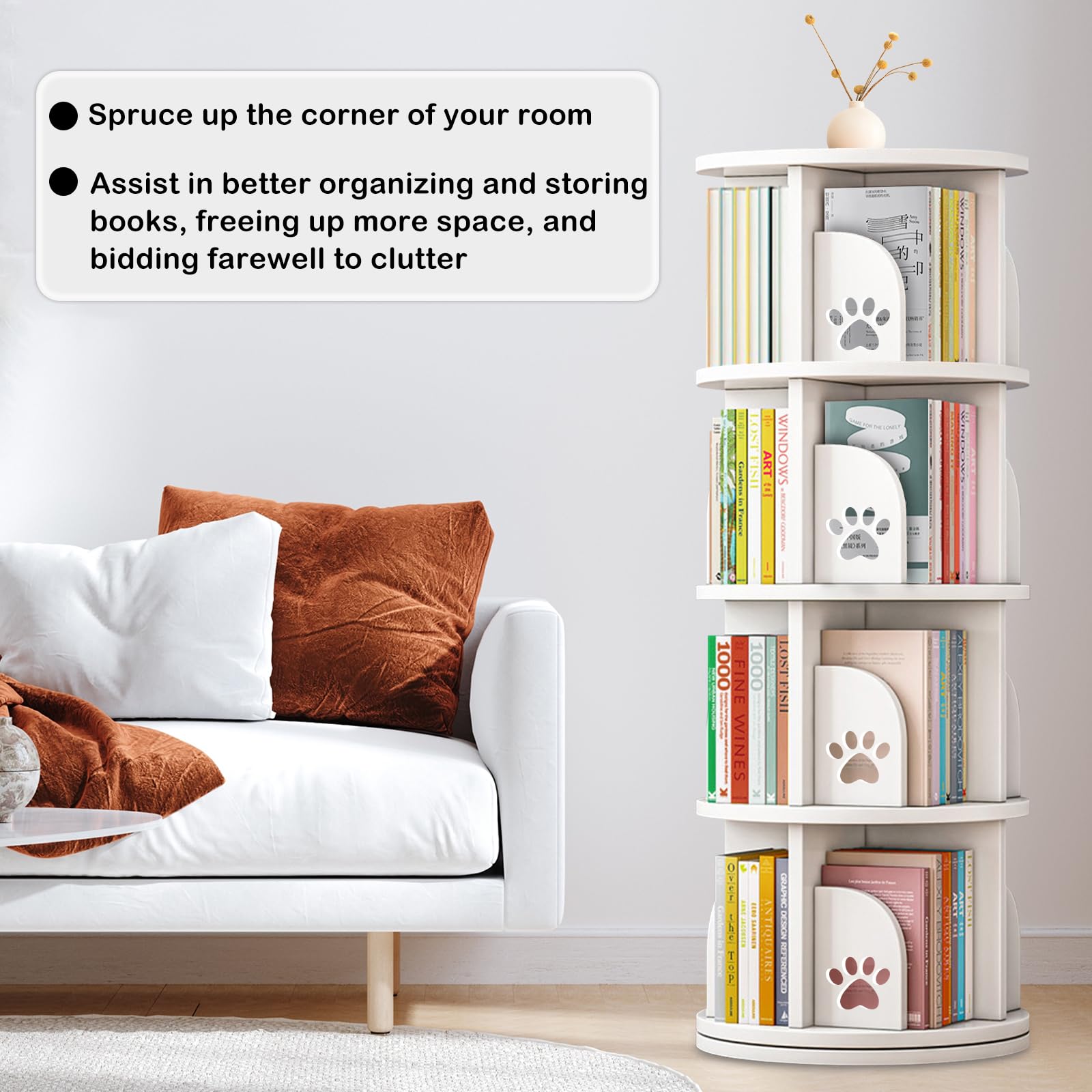 360°Rotating Bookshelf 4-Tier Large Capacity 18" Diameter Kids Bookshelf PVC Plastic Display Cabinet,Corner Bookcase Space Saving Round Spinning Storage Rack With Small Silicone Hammer (4-Tier)