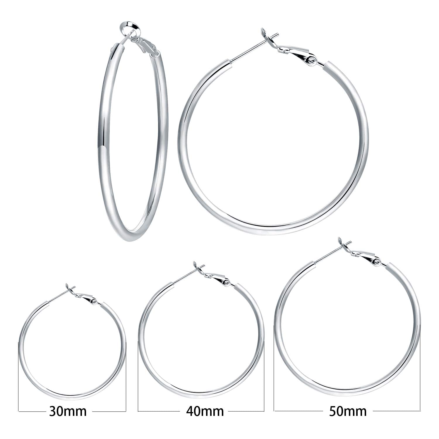 3 Pairs Silver Hoop Earrings-S925 Sterling Silver Hypoallergenic Large Hoop Earrings for Women Valentine's Day Gift 30mm/40mm/50mm