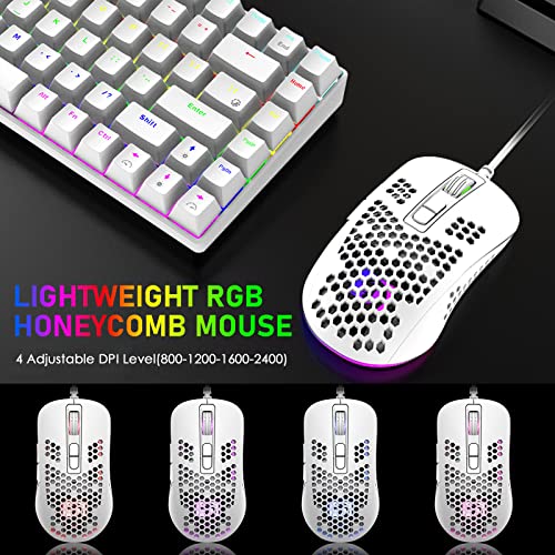 Mechanical Gaming Keyboard and Mouse Combo with 20 Rainbow Backlight 84 Key Anti-ghosting Ergonomic Waterproof Type-C Wired 2400 DPI Honeycomb Mice for PC Mac Gamer Computer Typist(White/Blue Switch)