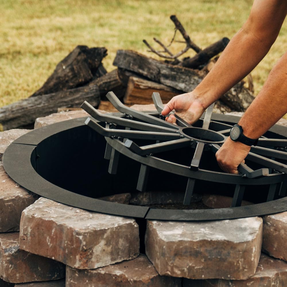 Ash & Ember 32" Wagon Wheel Fire Grate, High-Efficiency Smoke-Free Fireplace Log Grate, Decorative Wood Burning Lifted Grate Pit, Sandblasted Steel with Light Oil Coating