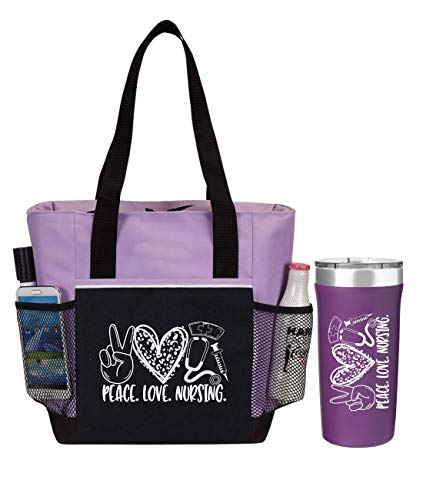 Peace, Love, Nursing. 2-Piece Gift for Nurses. Includes Insulated Tote Bag and Stainless-Steel Tumbler. Great Thank You Gift for Nurses. RN Gift and Perfect Graduation Gift. Nurse Bag for Work.