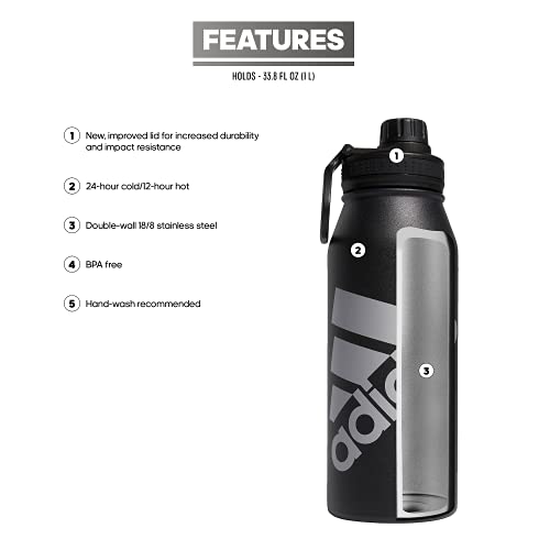 adidas Unisex 1 Liter (32 oz) Metal Water Bottle, Black/Silver Metallic, One Size