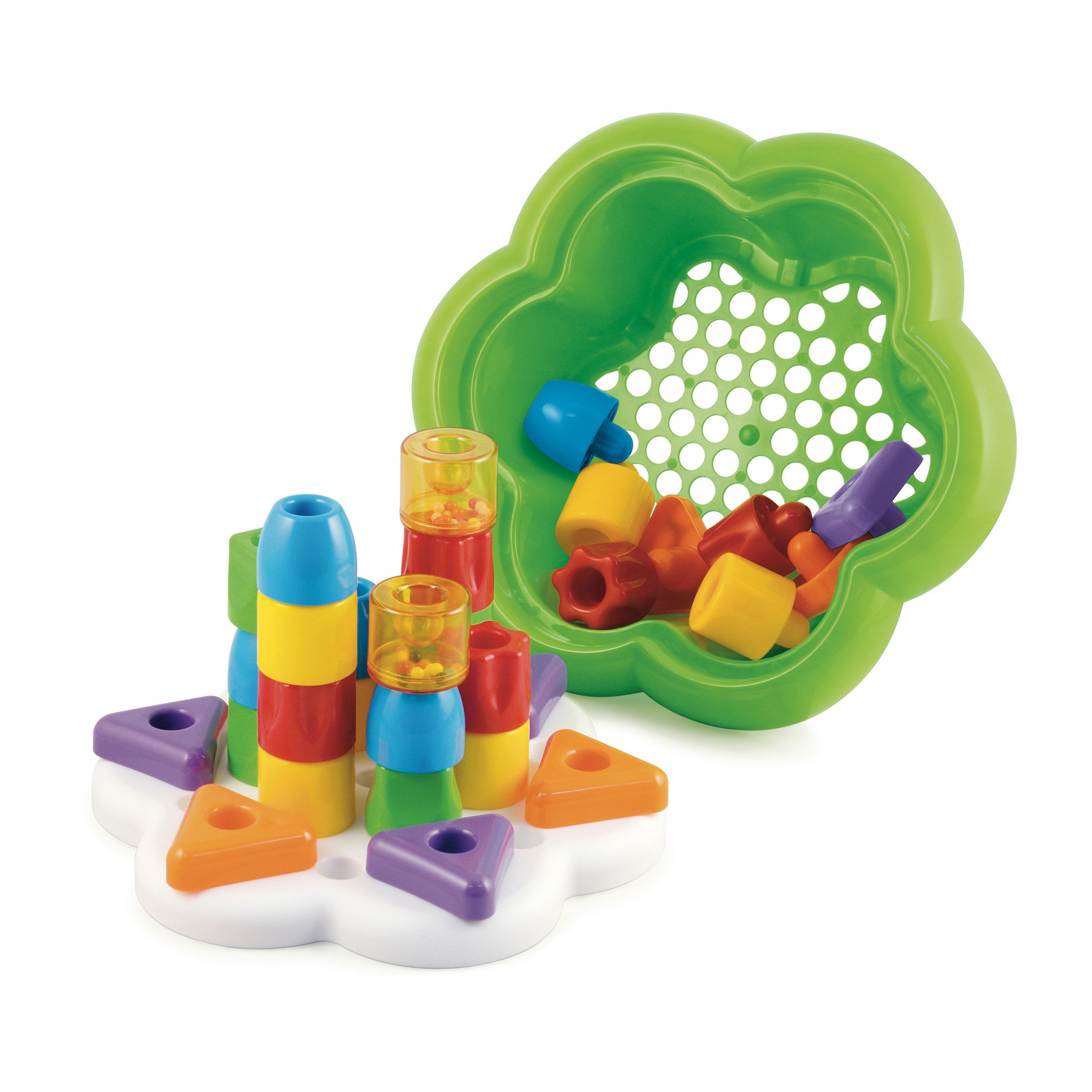 ASO Quercetti Chunky Peggy Stacking Toy - 28-Pieces Including 2 Rattle Pegs, Sturdy Daisy Basket Design with Built-in Storage, for Toddlers and Kids Ages 1 Year and up