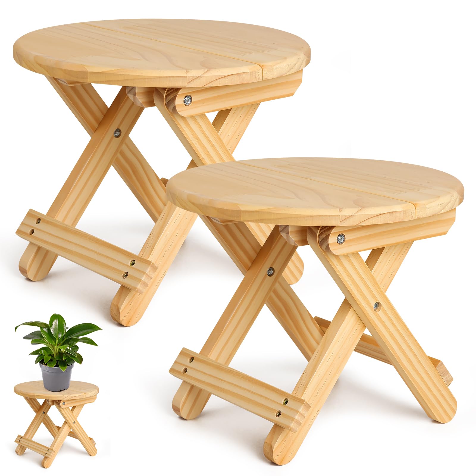 2 Pack Wooden Patio Side Table Round Plant Stand Small Portable Folding Table Outdoor Porch Coffee End Table Foldable Household Solid Table for Picnic Camping Chairs Poolside Lawn Yard Balcony Deck