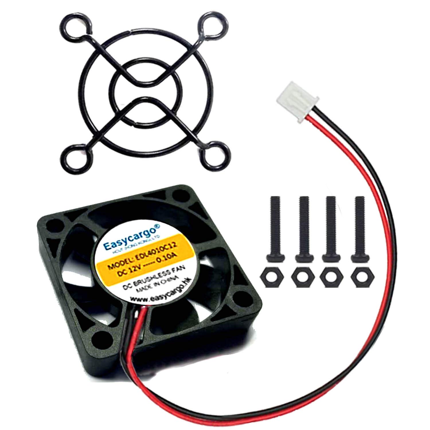 Easycargo 4pcs 3D printer 40mm Fan 12V DC, 4010 Cooling Fan Sleeve Bearing Brushless 2 pin, 40mm Cooler Fan + Grill Mounting Kit 40mm x 40mm x10mm