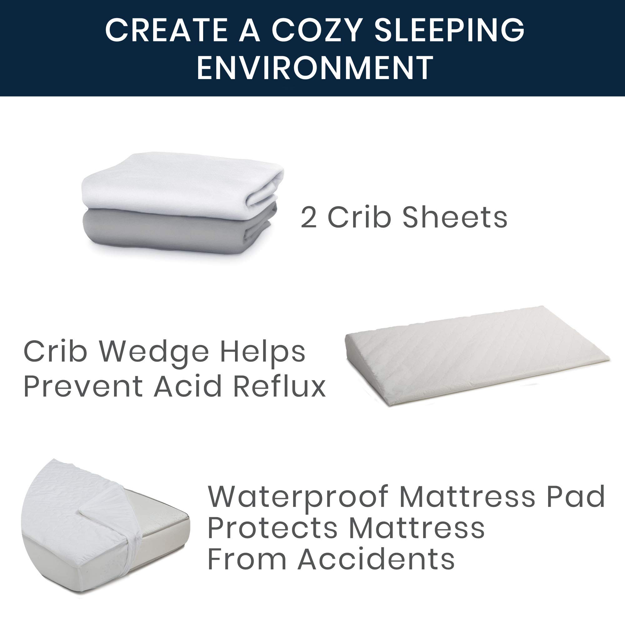 Serta 9-Piece Nursery-in-a-Box Newborn Baby Gift Set for Boys and Girls – Set Includes 2 Swaddles, Changing Pad, 2 Changing Pad Covers, 2 Crib Sheets, Crib Mattress Pad and Crib Wedge, White/Grey