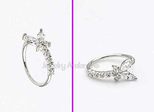 14kt White Gold Butterfly Nose Ring, 8mm Nose Hoop Ring, Marquise & Round CZ Accented, Cartilage Helix Ring, Tragus Ring - 14KNHBTF1WG
