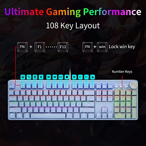 HUO JI BT-855 Mechanical Gaming Keyboard, USB Wired with Red Switches, Rainbow LED Backlit, Multimedia Keys, 108 Keys No Conflict, Blue