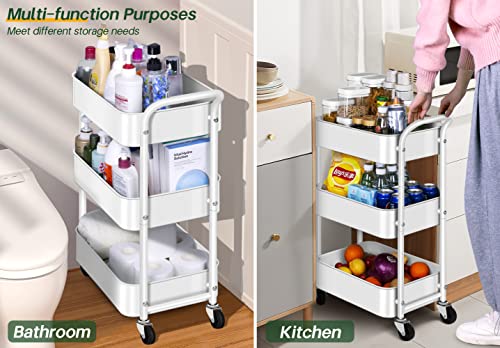 AOODA 3 Tier Under Desk Metal Rolling Cart with Handle and Lockable Wheels, 27'' Height Small Book Cart Mobile Art Cart Rolling Storage Organizer for Office, Bathroom, Kitchen, Nursery (White)