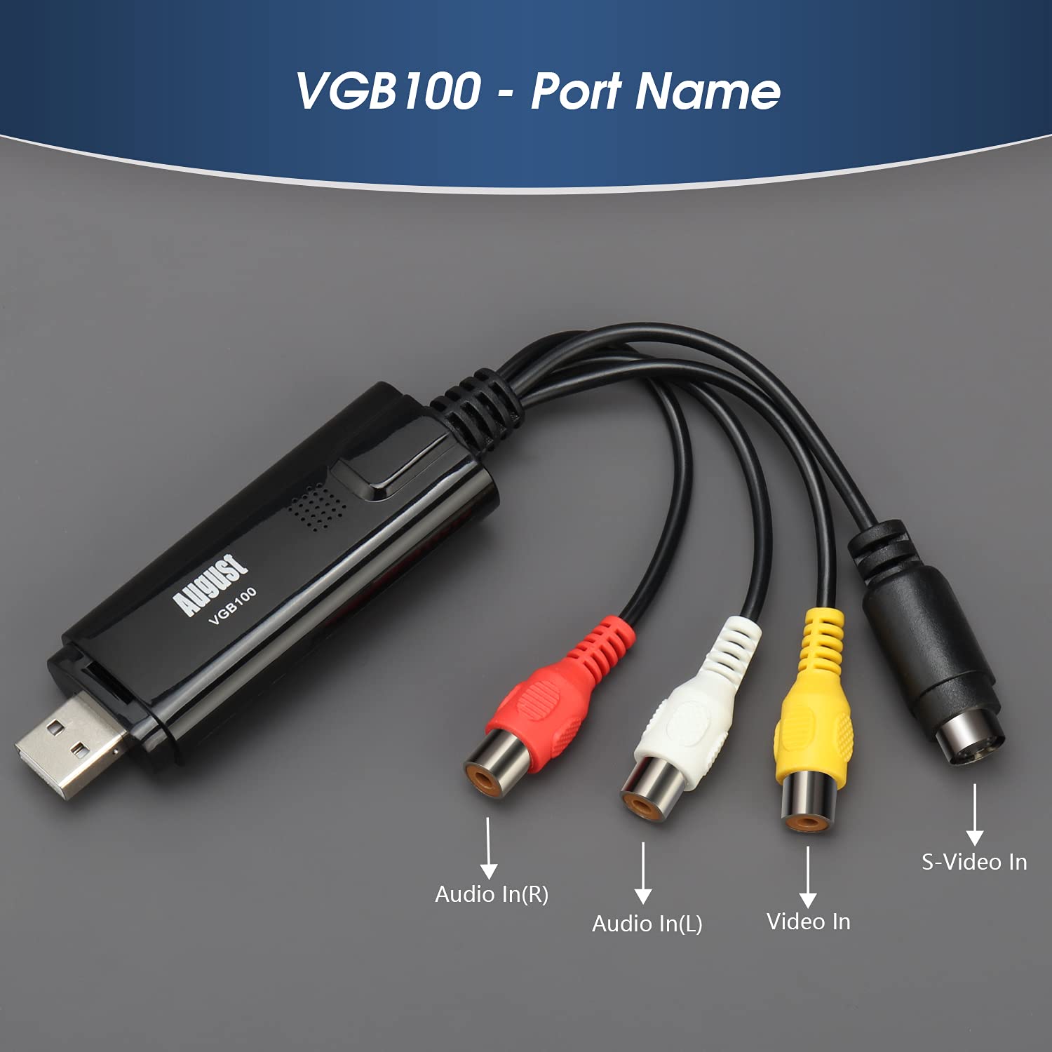 August VGB100 - External USB Video Capture Card - S Video/Composite to USB Transfer Cable - Grabber Lead for Windows 10/8 / 7 / Vista/XP