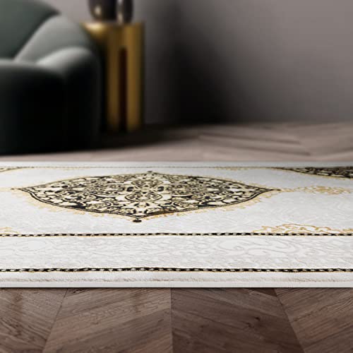Antep Rugs Babil Gold 8x10 Oriental Bordered High Low Textured Traditional Indoor Area Rug, Beige Black, 7'10" x 10'