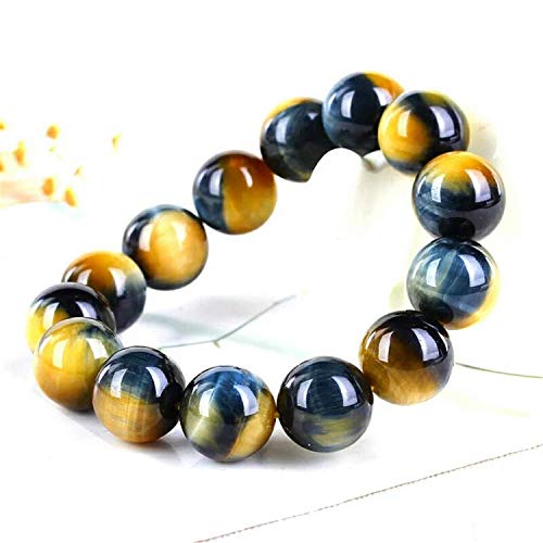14mm Natural Gold Yellow Blue Tiger Eye Gemstone Crystal Round Bead Bracelet AAAA